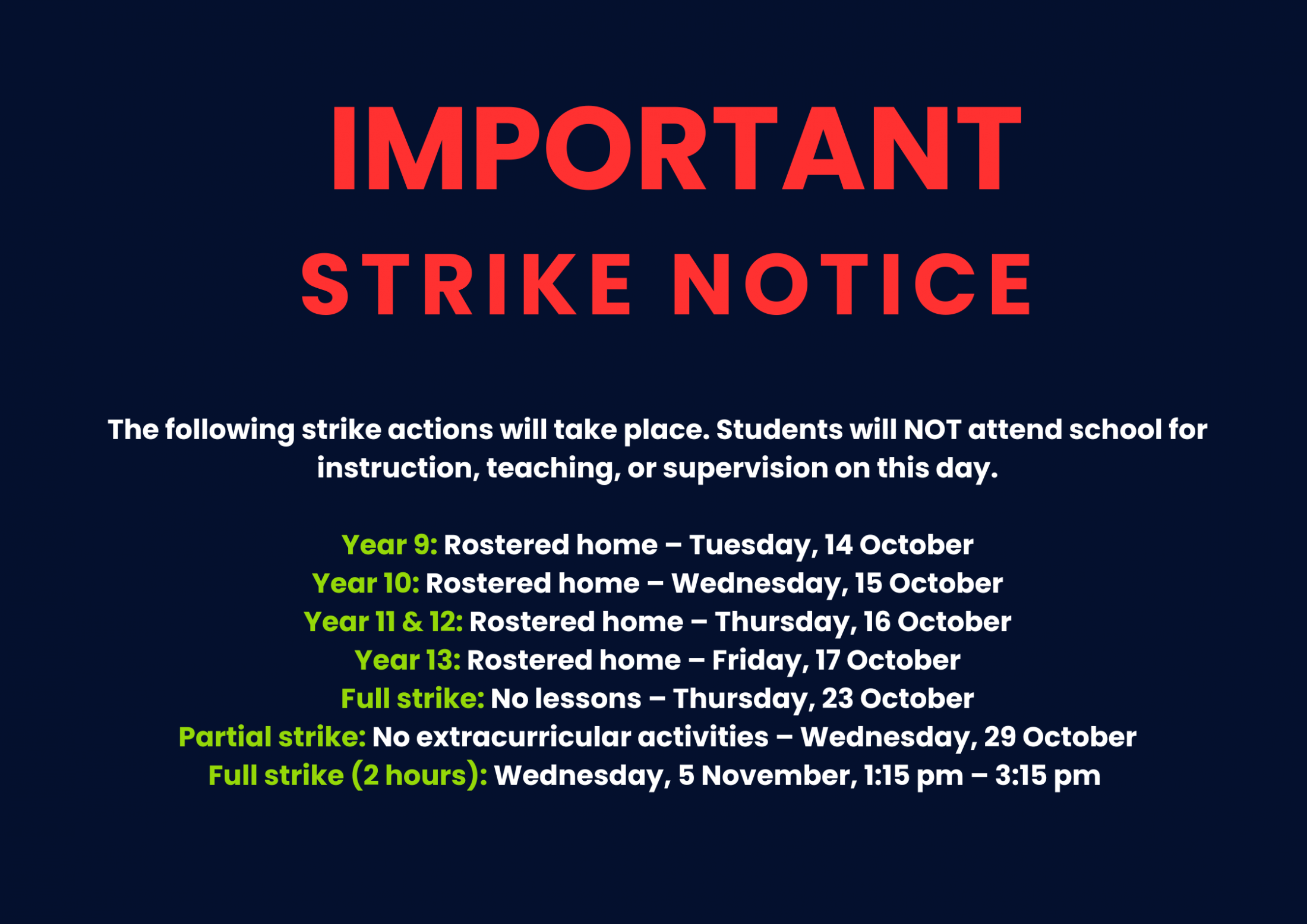 Urgent Notice – Upcoming Strike Action - News - Spotswood College